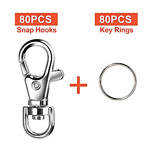 160PCS Metal Swivel Clasps Lanyard Snap Hook with Key Ring, LEOBRO 80PCS Swivel Snap Hooks Lobster Claw Clasp and 80PCS Key Rings Jump Ring for Keychains, Lanyard, Key, Charm, Jewelry, Art Crafts