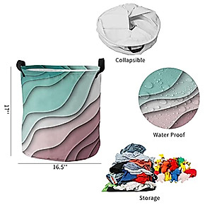 Laundry Basket Turquoise Pink Gradient Beach,Waterproof Collapsible Clothes Hamper Modern Abstract Geometric Art,Large Storage Bag for Bedroom Bathroom 16.5x17In