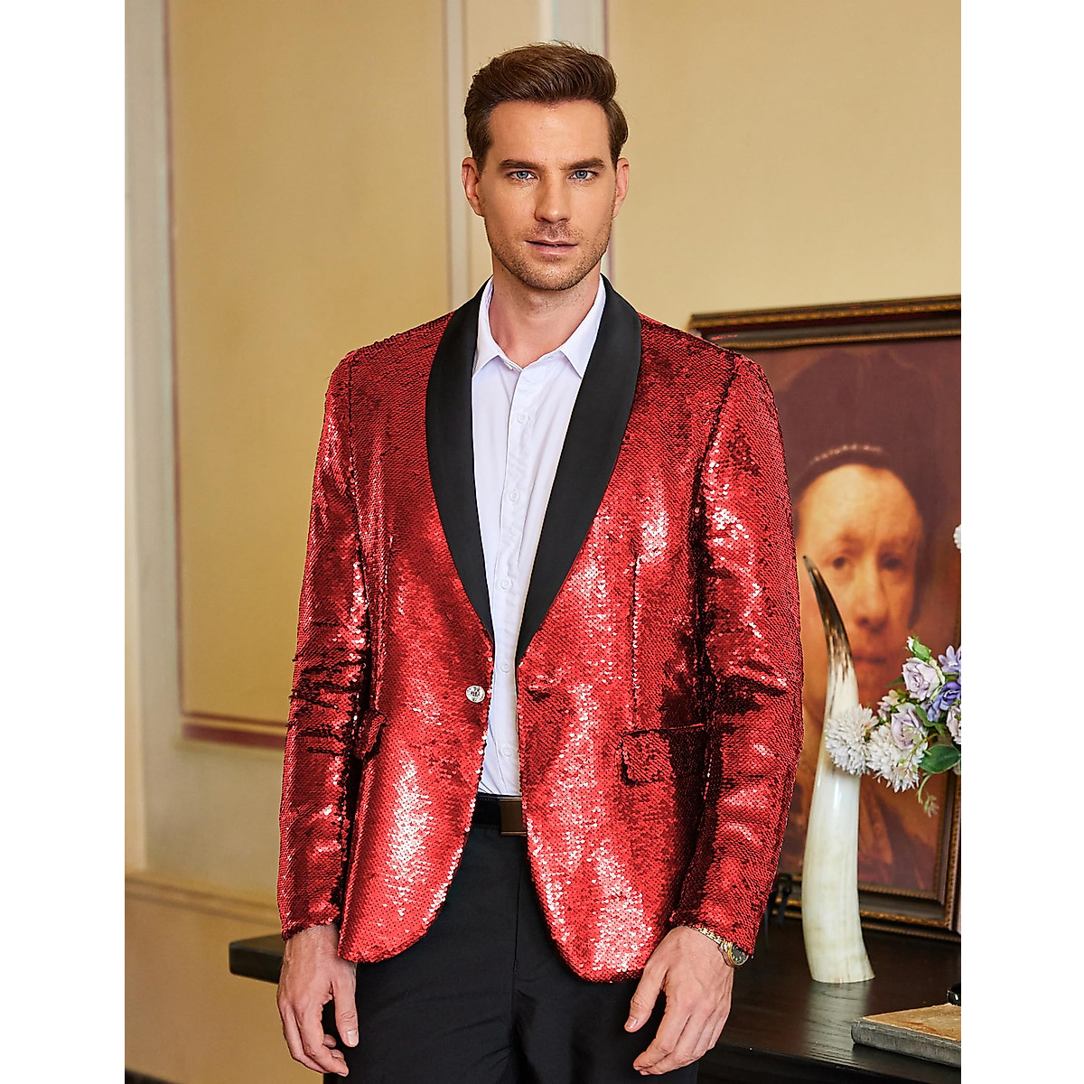 COOFANDY Shiny Sequins Suit Jacket Blazer One Button Tuxedo Christmas Nightclub Red