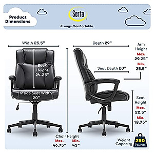 Serta Executive High Back Office Chair with Lumbar Support Ergonomic Upholstered Swivel Gaming Friendly Design, Bonded Leather, Black