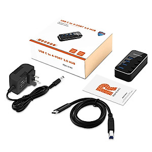 Powered USB hub RSHTECH 4 Port USB C to USB 3.0 Port Hub Expander Aluminum Portable USB 3.0 hub Splitter with 5V AC Adapter and Individual On/Off Switches (RSH-516-C)