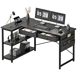 Ｍａｉｈａｉｌ Maihail Home Office Desk with Drawers and Shelves, 47” Computer Corner Desk for Small Space, Small L Shaped Desk with Side Storage for Bedroom, Black