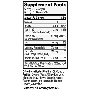 OLLY Ultra Strength Brain Softgels, Nootropic, Supports Healthy Brain Function, Memory, Focus and Concentration, Omega-3s, Vitamins B6 and B12, 30 Day Supply - 60 Count