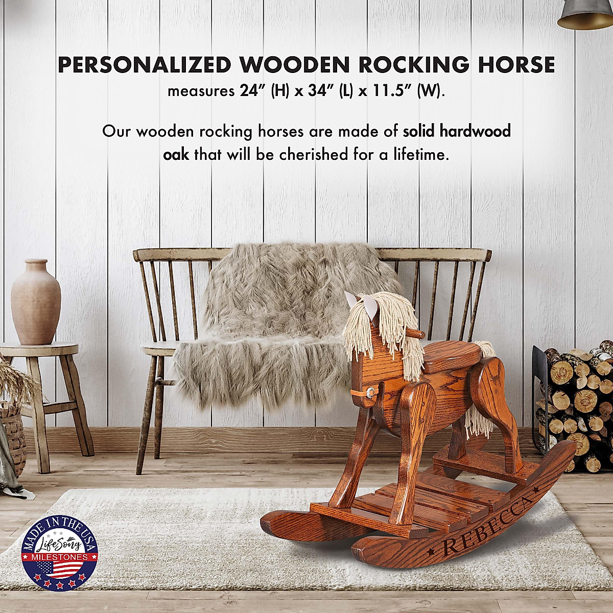 LifeSong Milestones Personalized Solid Oak Wooden Rocking Horse Cherry Toy for Toddlers Childrens and Kids Housewarming Nursery Gift Decorations Handcrafted in The USA Size: 34" L x 11.5" W x 24" H.