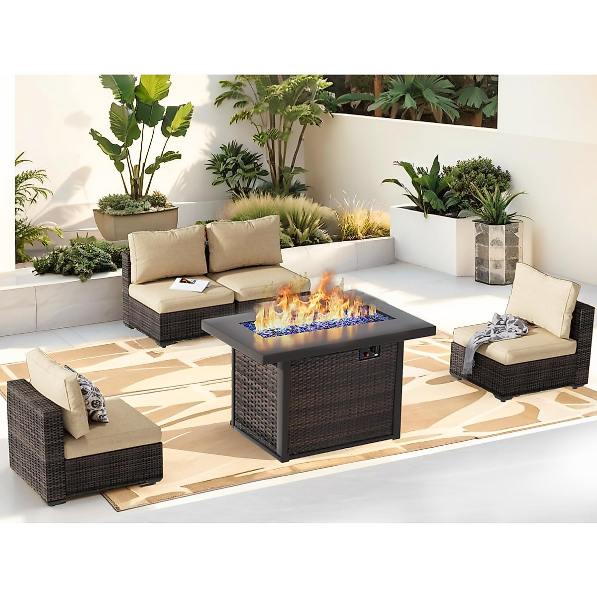 Outdoor Sectional Furniture, 5 Piece Patio Furniture Set with 42-inch Fire Wicker Propane Fire Pit Table - All Weather Wicker Rattan Sofa Conversation Set for Backyard Lawn Poolside Deck, Beige