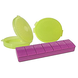 Tupperware 7 Day Pill Keeper Divided Organizer Round Clamshell Purple and Green Set