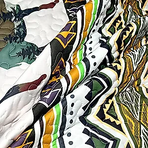 Mocaletto Boho Quilts Queen Size,Reversible Rustic Deer Lodge Cabin Quilt Set,Patchwork Green Bedding Set with Pillow Shams,Bohemian Stripes Bedspread,Lightweight Microfiber Coverlet