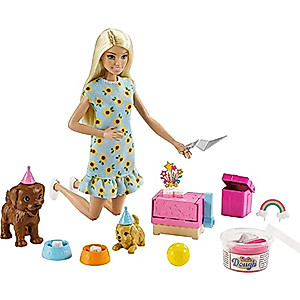 Barbie Puppy Party Doll and Playset, Blonde Doll with Sunflower Dress, 2 Pet Puppies, Cake Mold, Dough and Accessories