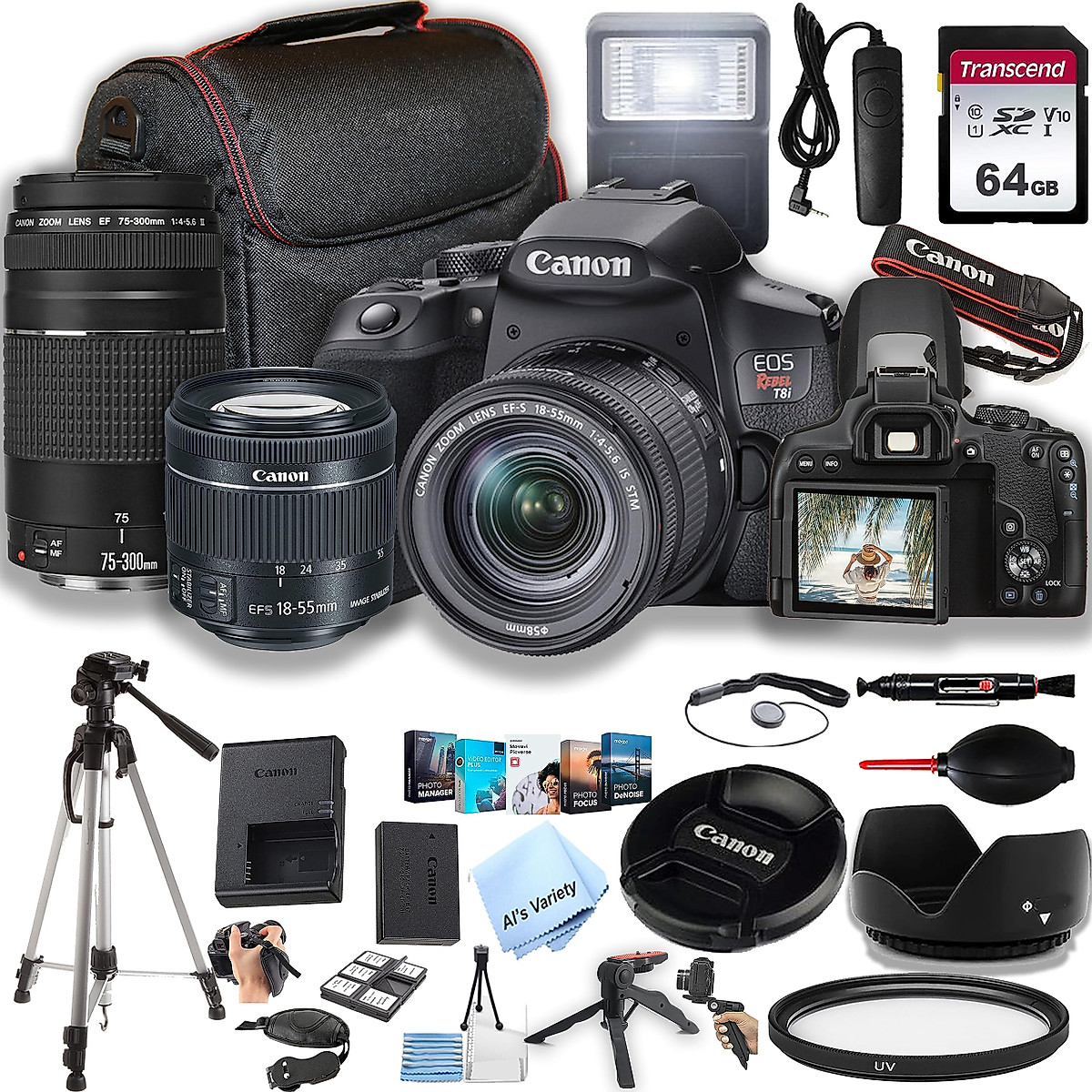 Canon EOS Rebel T8I DSLR Camera w/EF-S 18-55mm F/4-5.6 STM Zoom Lens + 75-300mm F/4-5.6 III Lens + 64GB Memory, Case, Tripod, Flash, Remote, and More (34pc Bundle) (Renewed)
