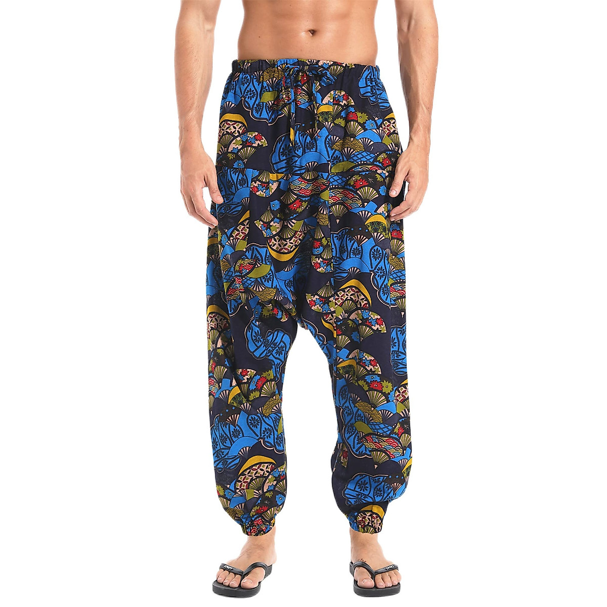 AITFINEISM Men's Causal Harem Pants Loose Drawstring Aladdin Boho Hippie Drop Crotch Trousers (4X-Large, Blue)