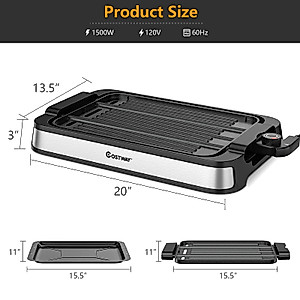 COSTWAY 2-in-1 Smokeless Indoor Grill, 1500W Electric Griddle w/Non-stick Reversible Cooking Plate, Large Drip Tray, Temperature Control, Dishwasher-safe