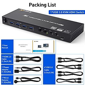 USB 3.0 KVM Switch HDMI 4 Port Support 4K@60Hz 2K@120Hz RGB 4:4:4 Simulation EDID, HDMI USB Switch for 4 Computers Share 1 Monitor and 4 USB 3.0 Ports with Controller, Power Adapter and KVM Cables