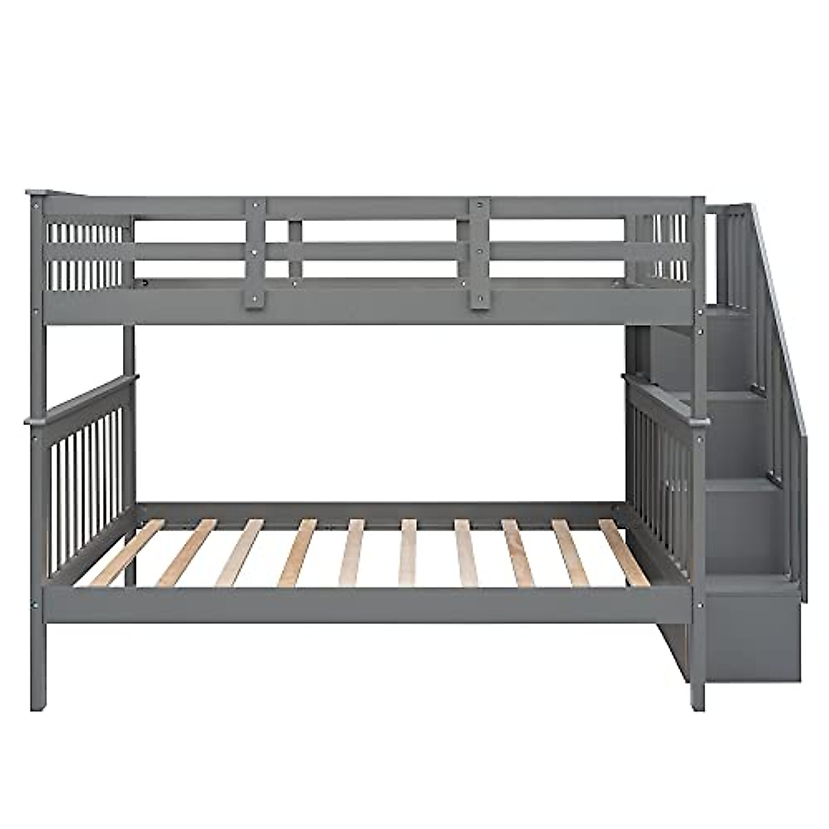 Merax Full-Over-Full Soild Wood Stairway Bunk Bed with Storage and Guard Rail for Bedroom, Dorm, Bunk Bed for Kids, Adults, Gray