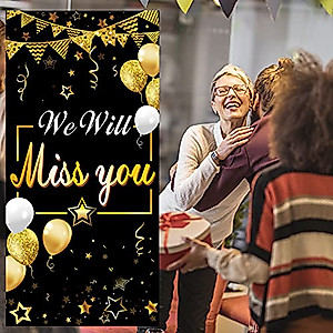 Luxiocio We Will Miss You Door Banner Backdrop Decorations, Going Away Party Farewell Party Door Cover Supplies, Black Gold Happy Retirement Party Décor for Coworker