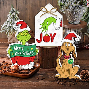 3pcs Christmas Wooden Table Signs, Funny Dog Centerpieces Christmas Tiered Tray Decorations Set for Xmas Holiday Winter Parties Indoor Home JOY Table Top Sign Decor