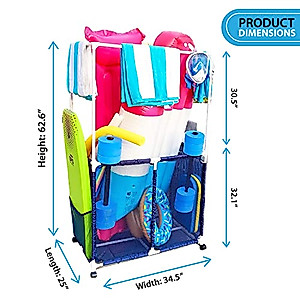 Essentially Yours Pool Equipment Holder with Towel Drying Bars, Mesh Rolling Pool Storage Organizer Bin, Extra Large with Towel Hanger, (34.5" W x 25" L x 62.6" H), Blue/White Style 418566