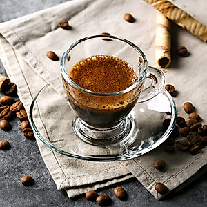 Volarium Espresso Cups with Saucers, Demitasse Clear Glass Drinkware, Set of 6 Cups and 6 Saucers for Turkish Coffee, Tea and Espresso Lover