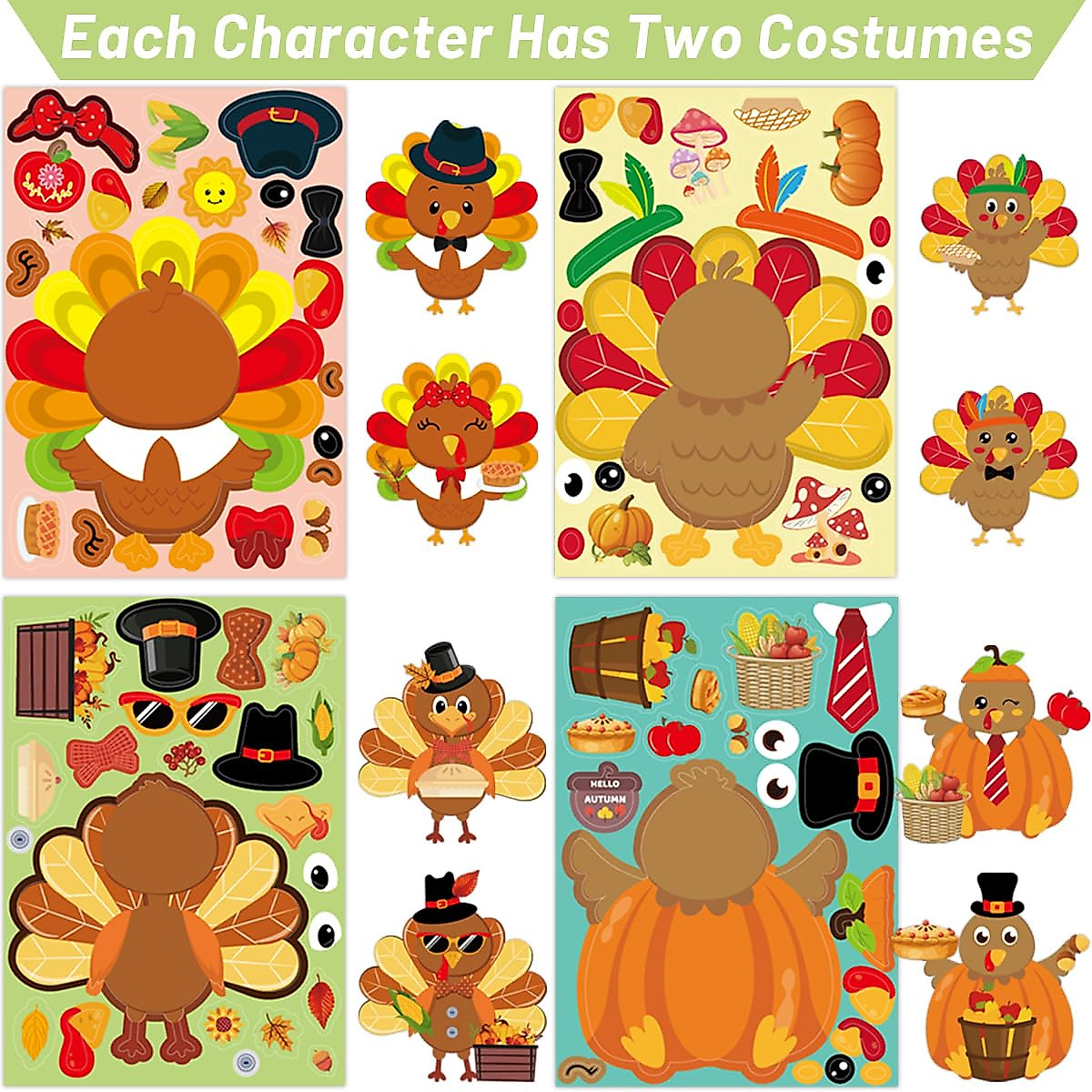 48 Pcs Turkey Stickers Make Your Own Turkey Sticker Sheets Thanksgiving Stickers for Kids Home Classroom Party Favor Art Craft School Rewards