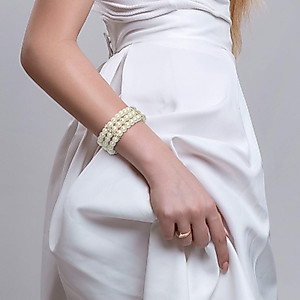 Coolrunner Ladies 3 Rows Faux Pearls Accent Off White Stretch Wrist Bracelet Jewelry