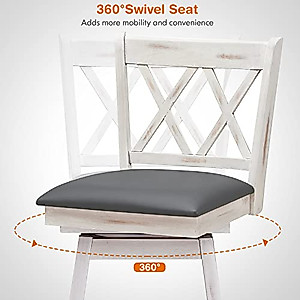 COSTWAY Bar Stool Set of 2, 360° Swivel Counter Height 25inch Bar Stool with Foot Rest Upholstered Cushion & Ergonomic Backrest, Sturdy Frame, for Pub, Restaurant, Home (2, Antique White + Grey)
