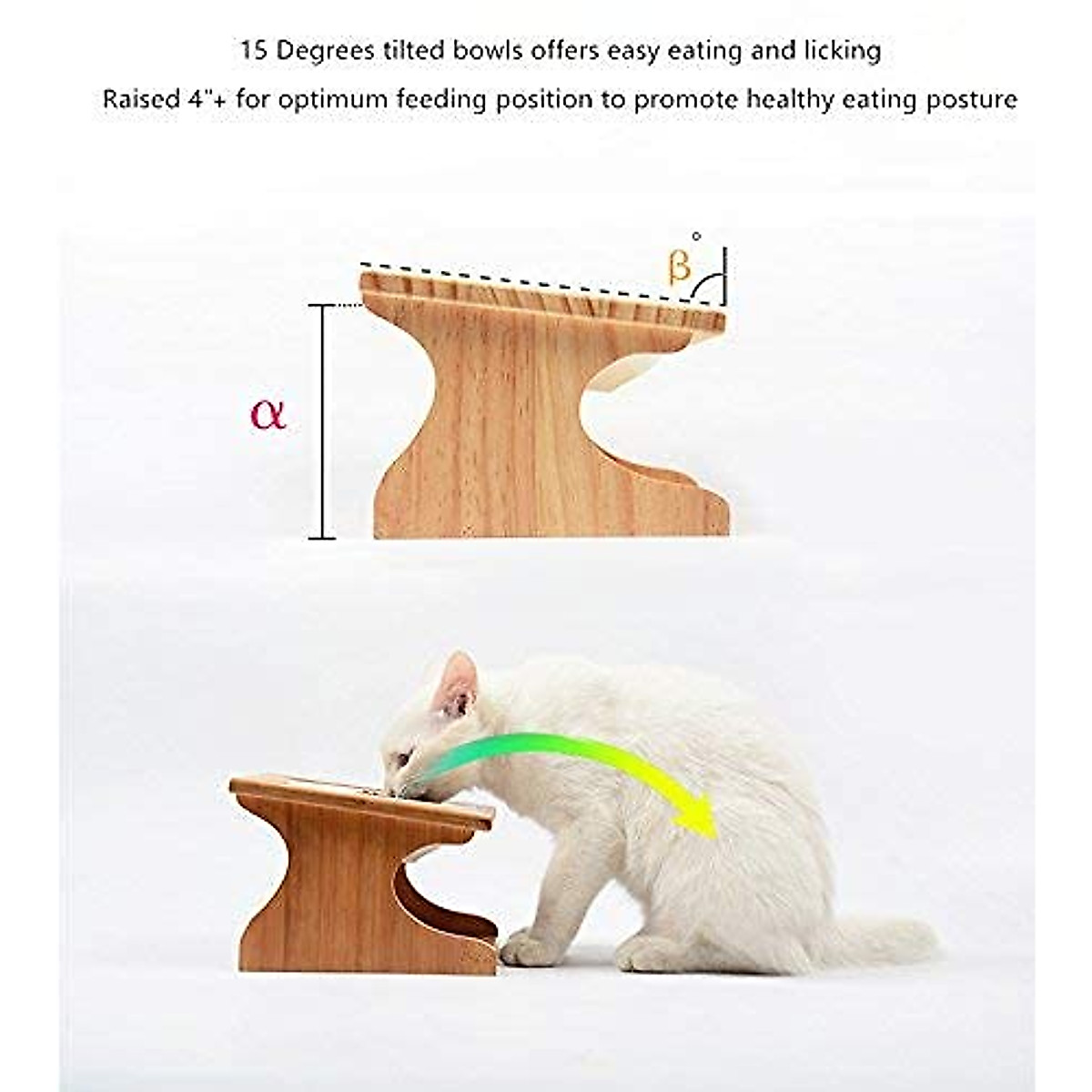 Smith Chu Premium Elevated Pet Bowls, Raised Dog Cat Feeder Solid Bamboo Stand with Ceramic Food Feeding Bowl - Cute Kitty Bowl for Cats and Puppy