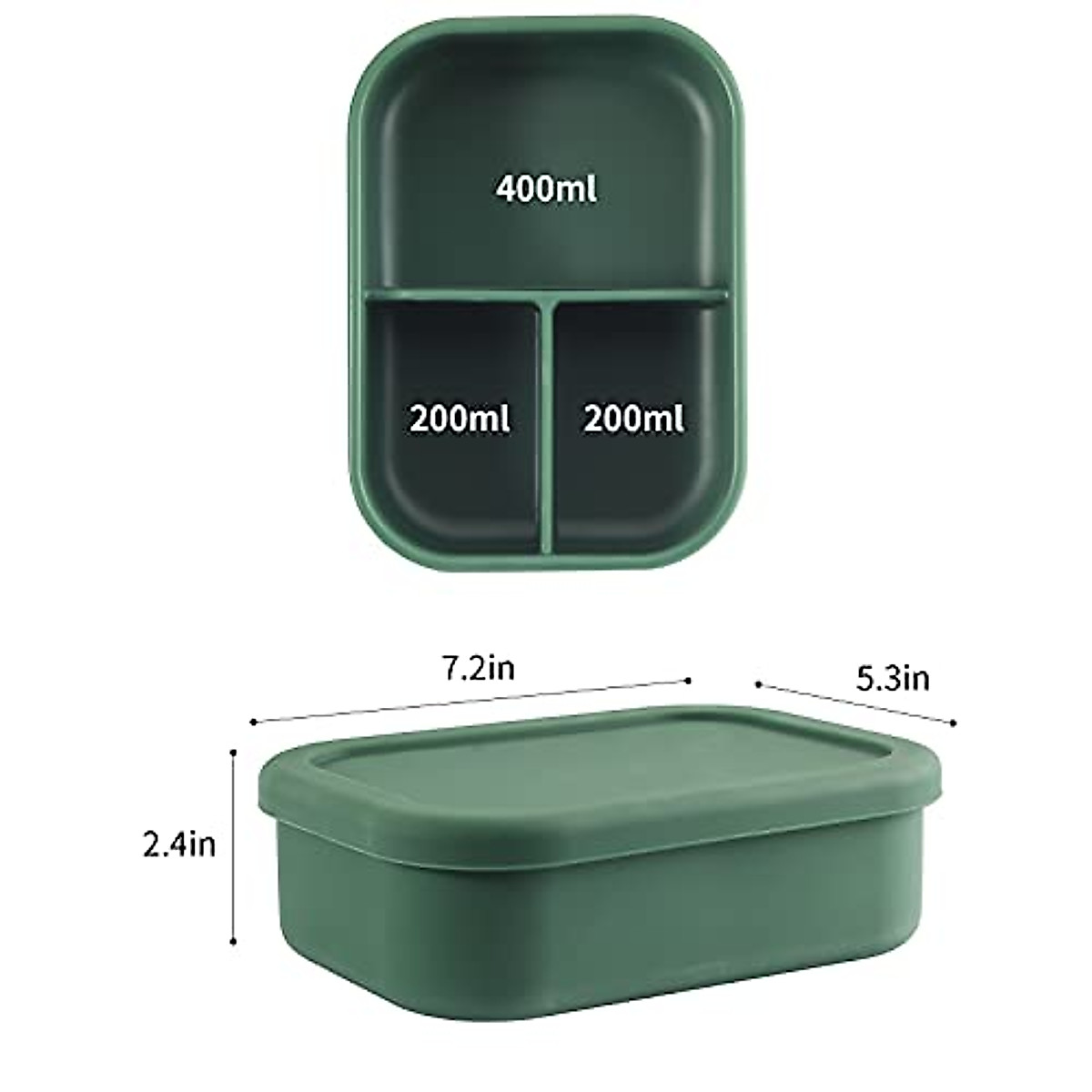 YFBXG Bento Lunch Box Container, Reusable Silicone Bento Lunch Container,Leak-Proof 3 Compartment Bento Box for Adult & kids, Microwave Safe (Green)