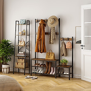 Hoctieon Industrial Ladder Bookshelf, Multifunctional Ladder Shelf, 5-Tier Tall Bookshelf, Open Ladder Shelf Bookcase, for Living Room, Home Office, Kitchen, Bedroom, Metal Frame, Rustic Brown