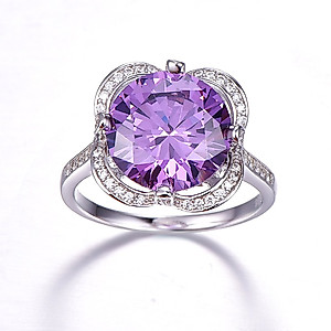 Merthus 10x10mm Round Simulated Amethyst 925 Sterling Silver Cocktail Flower Ring for Women Size 8