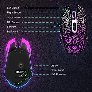 LuLabboard Wireless Gaming Mouse, Rechargeable Wireless Computer Mouse, 7-Color LED Light, Ergonomic Mouse with 6 Silent Click Buttons, 3 Adjustable 2400 DPI Wireless Mouse for Laptop,PC,Mac, Black