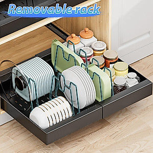 OVICAR Pull Out Cabinet Organizer - Expandable Slide Out Drawers Adhesive Heavy Duty Storage Drawer Shelf with 4pcs Divider Racks for Kitchen Pantry Bathroom Home, 12.2"-20.7" Width, Black