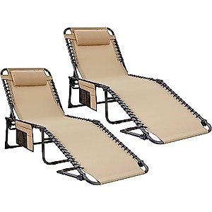 KingCamp Chaise Lounge Outdoor Adjustable Textilene Waterproof Patio Lounge Chair,Folding Tanning Chair for Lawn,Beach,Pool and Sunbathing,Portable Camping Reclining Chair with Pillow (2, Light Beige)