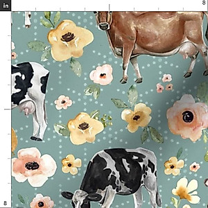 Spoonflower Fabric - Farmhouse Blue Cows Flowers Large Pink Floral Dots Spring Watercolor Printed on Petal Signature Cotton Fabric by The Yard - Sewing Quilting Apparel Crafts Decor
