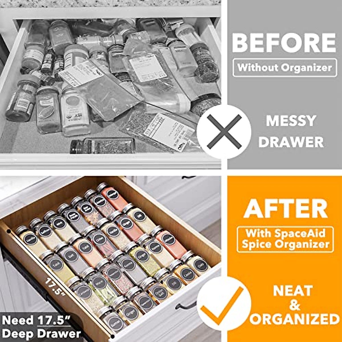 SpaceAid Spice Drawer Organizer with 28 Spice Jars, 386 Spice Labels and Chalk Marker, 4 Tier Seasoning Rack Tray Insert for Kitchen Drawers, 13" Wide x 17.5" Deep