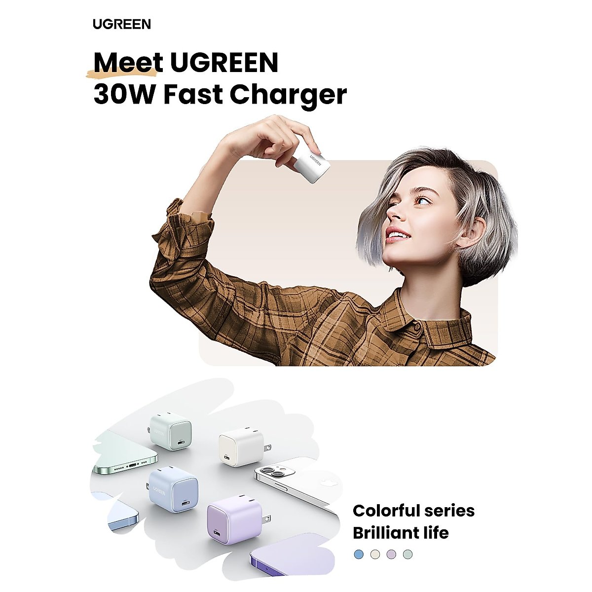 UGREEN 30W USB C Charger, Nexode Foldable GaN PPS Compact Fast Wall Charger Block, USB-C Power Adapter for iPhone 15 Pro Max/14/13, Galaxy S23 Ultra, Google Pixel 7, MacBook Air, iPad Pro (White)