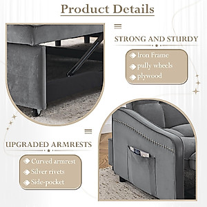 JEEOHEY Sleeper Sofa Couch with Type C, USB Port, 3 in 1 Modern Velvet Convertible Loveseat Sofa w/Pull Out Bed, Curved Armrest for Small Space Livingroom Apartment Office, Grey