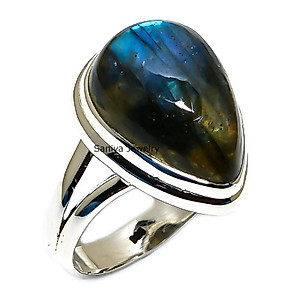 Saniya Jewelry Genuine Labradorite Pear Gemstone Real 925 Sterling Silver Handmade Ring For Women