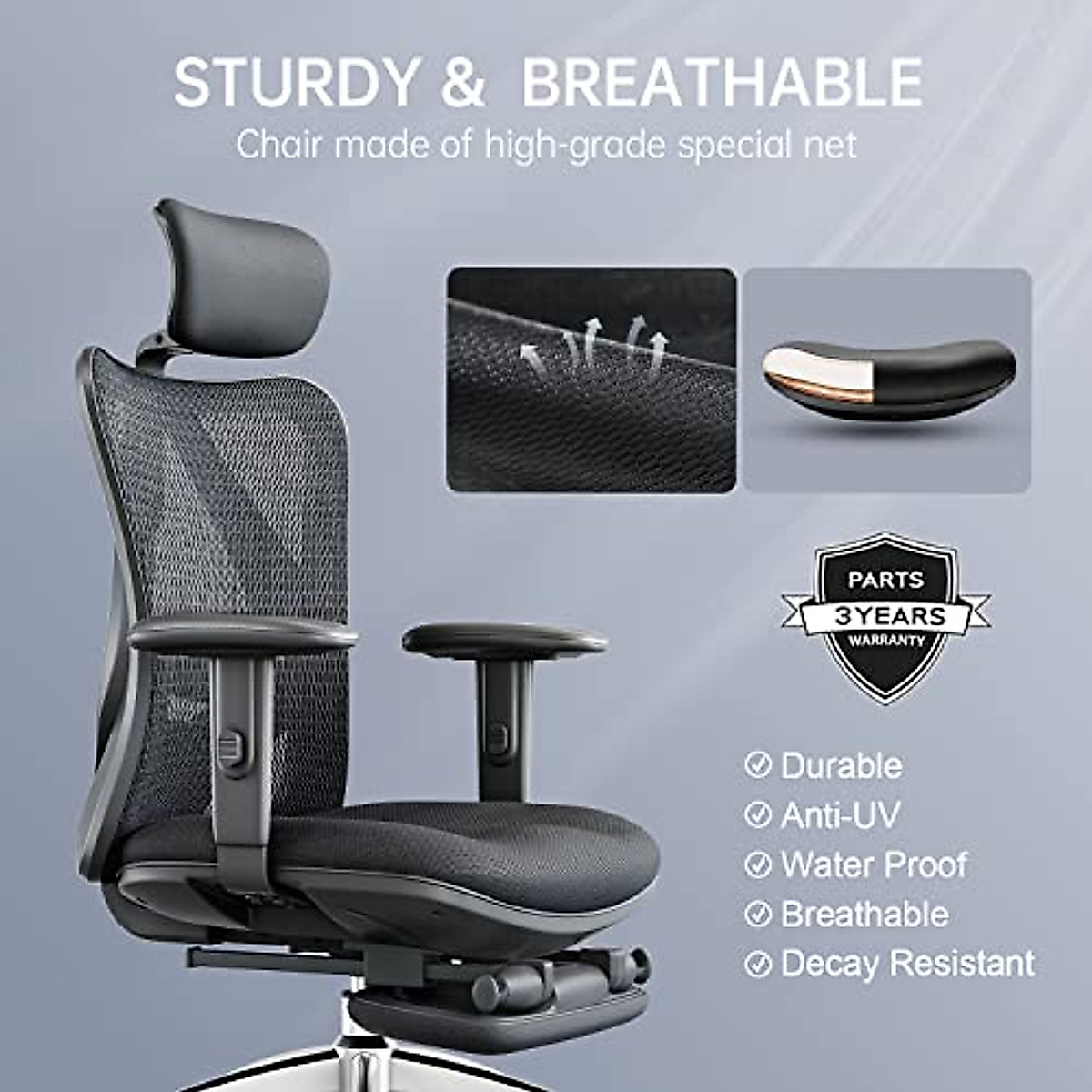 SIHOO Ergonomic Office Chair, Computer Desk Chair with Adjustable Lumbar Support, Breathable Mesh High Back and Padded Seat Desk Chair with Footrest (Black)