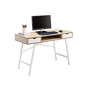 JJS Home Office Writing Desk with Drawers, Modern Computer Study Wooden Desk Table Laptop PC Workstation with Storage, Mid Century White Oak