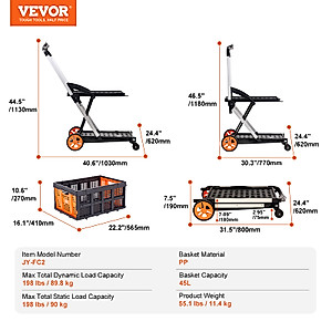 VEVOR Multi Use Functional Collapsible Cart, 198 lbs Capacity 2-Tier Folding Shopping Cart with Wheels, Collapsible Utility Cart with Storage Crate, 2 in 1 Hand Truck for Grocery/Luggage/Moving/Office