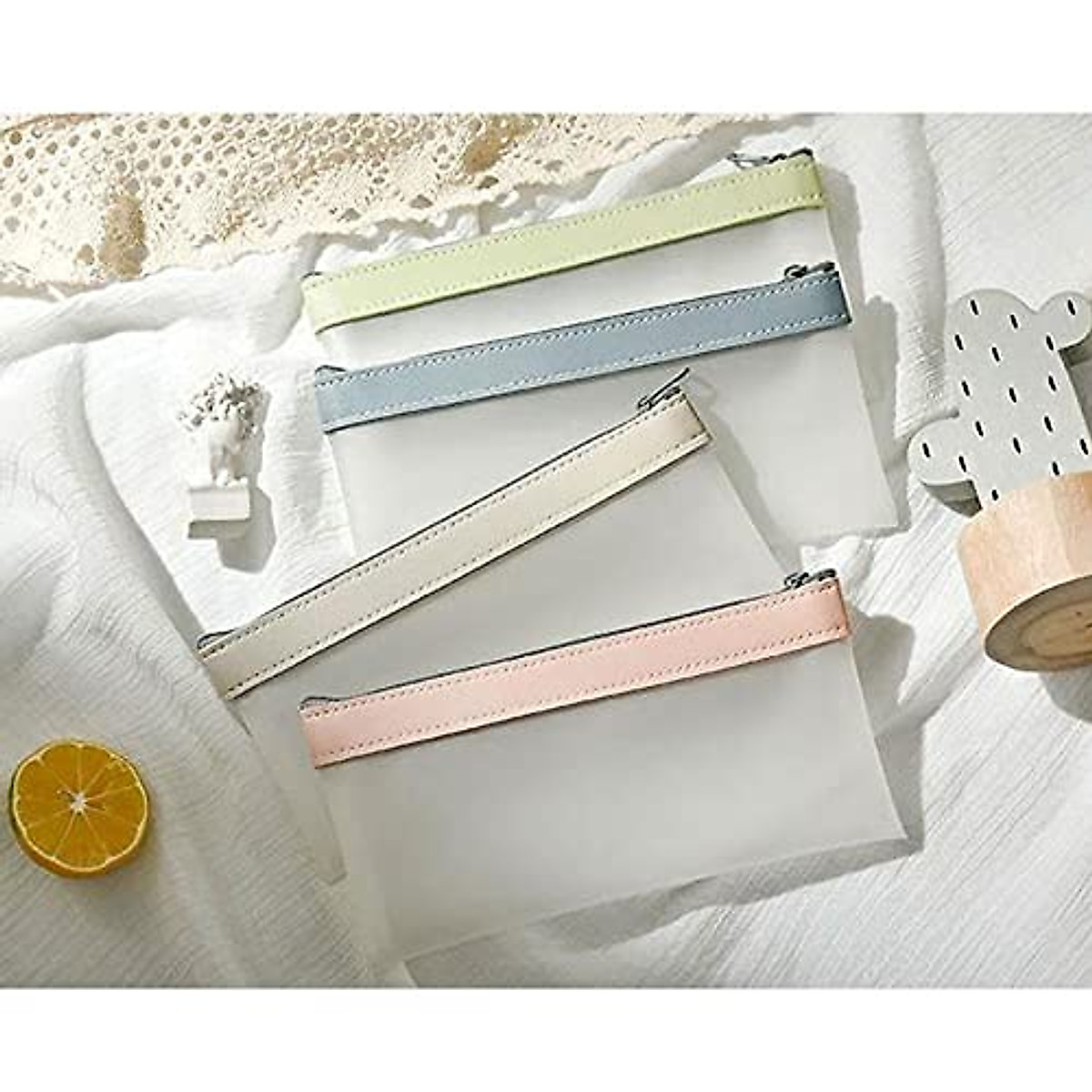 Pencil Case Set, Clear Pencil Pouches, Zipper Pen Case Bag, Pencil Storage Pouch, Makeup Bag for Women, Portable Office Stationery Pouch for Students Adults,Creamy-White
