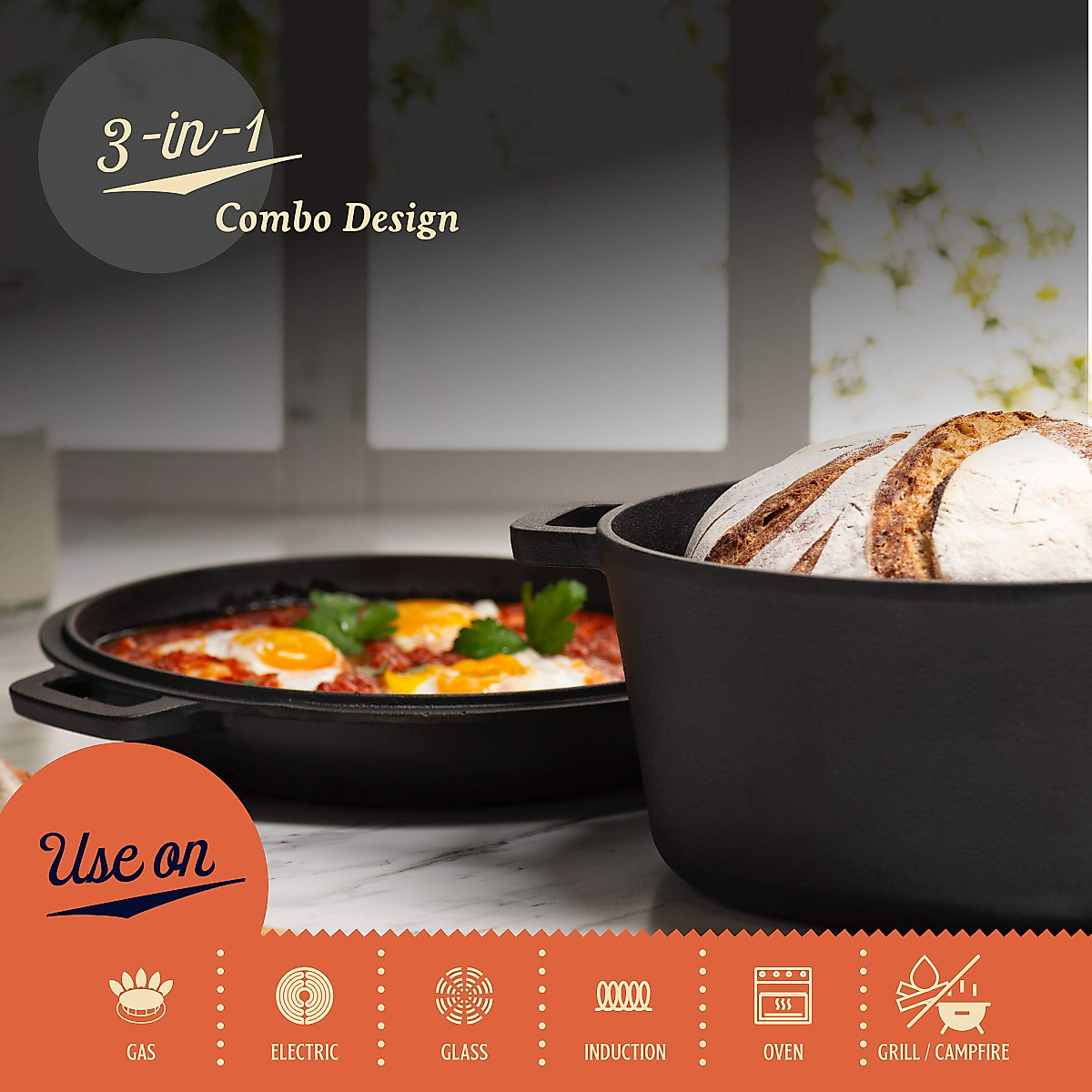 Legend Cookware Cast Iron Dutch Oven | 5QT Multi Cooker Stock Pot For Frying, Cooking, Baking & Broiling on Induction, Electric, Gas & In Oven | Lightly Pre-Seasoned Cookware Gets Better with Use
