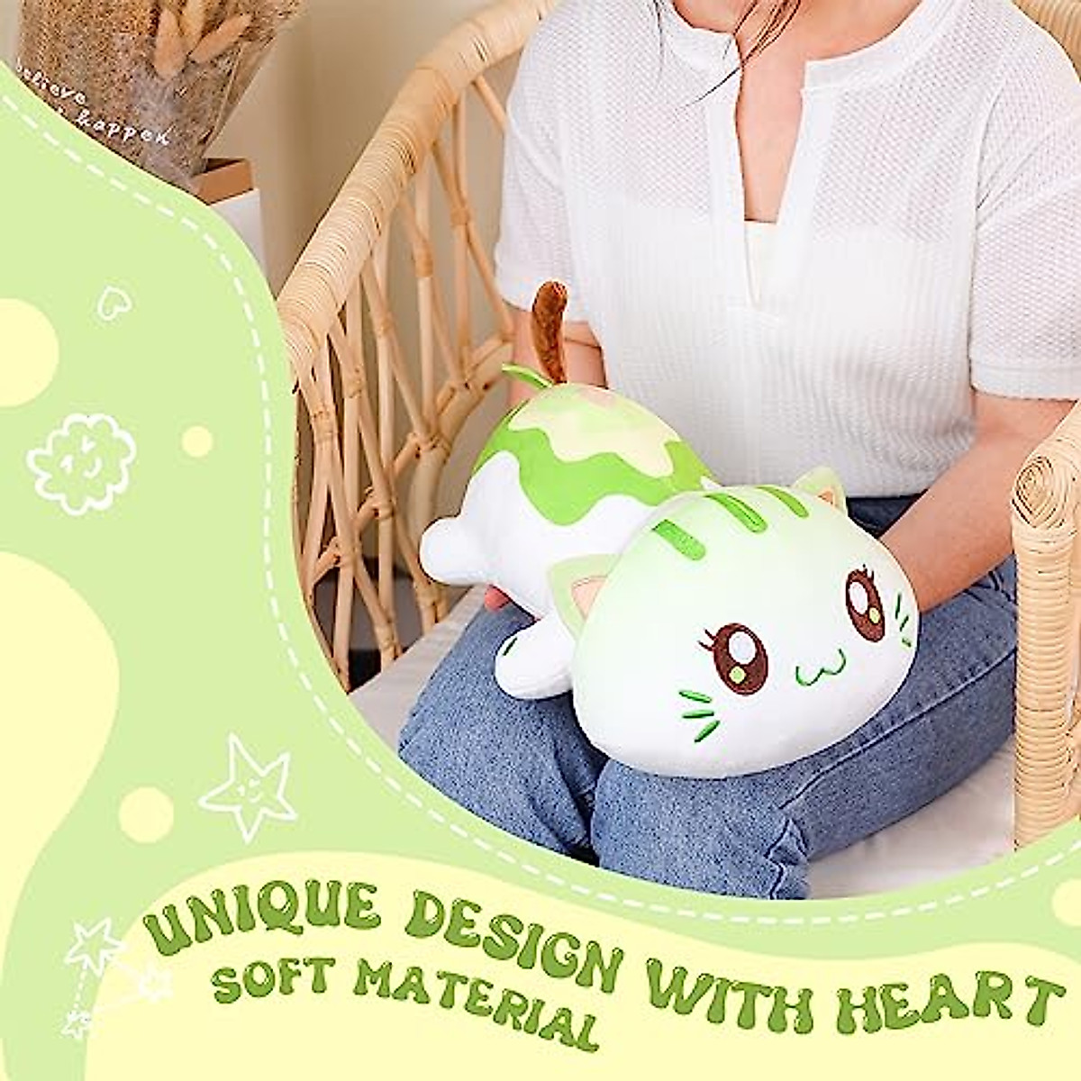 AIXINI Cute Avocado Cat Plush Pillow 13.7" Kitten Stuffed Animal, Soft Kawaii Cat Plushie Gift for Kids