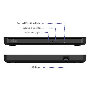 Hitachi LG External CD/DVD Drive | Portable Player Burner for Laptop, PC, Smartphone | USB Type-C | Multi OS (Window, Mac, Android, Fire) Black (True DVD App. Excluded)