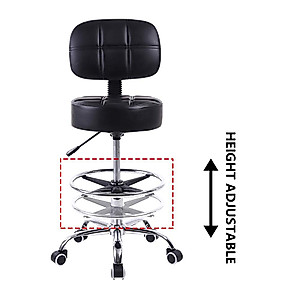KKTONER Swivel Round Rolling Stool PU Leather with Adjustable Foot Rest Height Adjustable Task Work Drafting Chair with Back(Black)