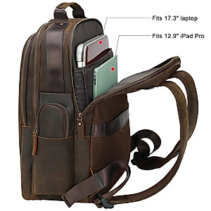 TIDING Vintage Full Grain Leather 17.3 Inch Laptop Backpack Large Camping Travel Weekender Daypack For Men 31.9L