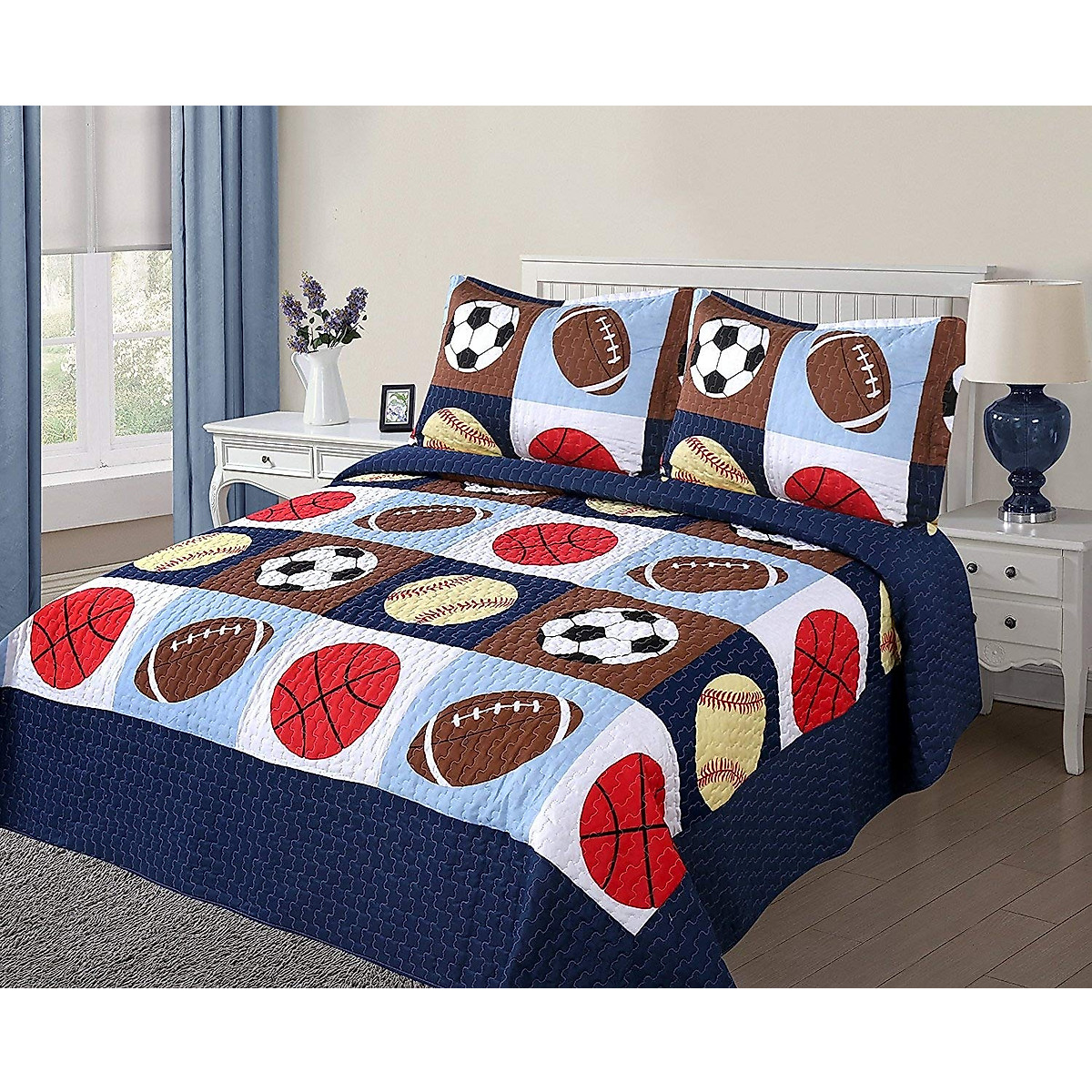 Golden Linens 3 pieces Full Size Quilt Bedspread Set Kids Sports Basketball Football Baseball for Boys & Girls (Full)