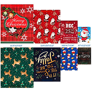 Novnsoi 24 PCS Christmas Bags Bulk Set for Wrapping Holiday Gifts, Recyclable Festival Bags with Snowman, Reindeer, Christmas Bell/Tree, Snowflake, Gin Design - 6 X-Large,6 Large,6 Medium,6 Small