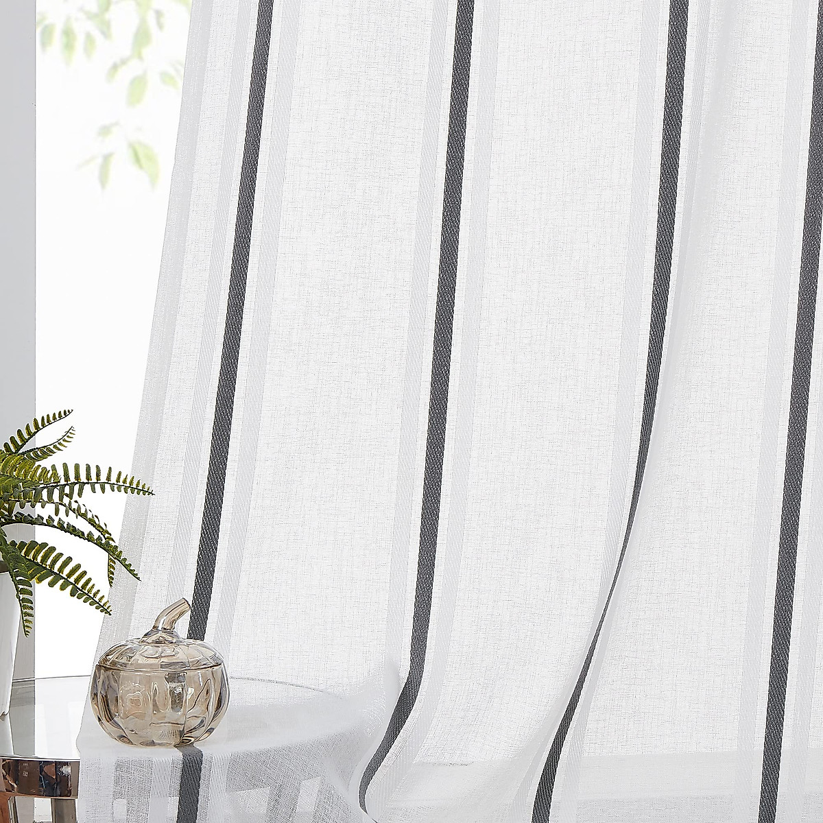 WEST LAKE Stripe Linen Sheer Curtain Grommets Top Pinstripes Rustic Farmhouse Semi Sheer Window Treatment Sets for Dining, Living Room, Bedroom, Gray and White Stripe, 52''x84'', 2 Pieces