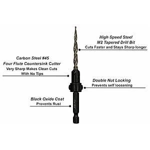 JNB Pro Wood Countersink Drill Bit Set - 5 Pc Adjustable Countersink Bit #8(11/64") All Same Size - 2 Extra 11/64 Tapered Drill Bit, 1 Adjust. Collar, 1 Wrench - 1/4" Quick Change Shank - Countersink