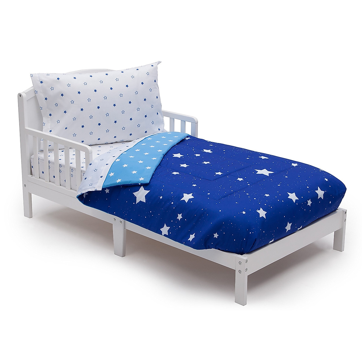 Delta Children 4 Piece Toddler Bedding Set for Boys - Reversible 2-in-1 Comforter - Includes Fitted Comforter to Keep Little Ones Snug, Bottom Sheet, Top Sheet, Pillow Case - Blue Stars